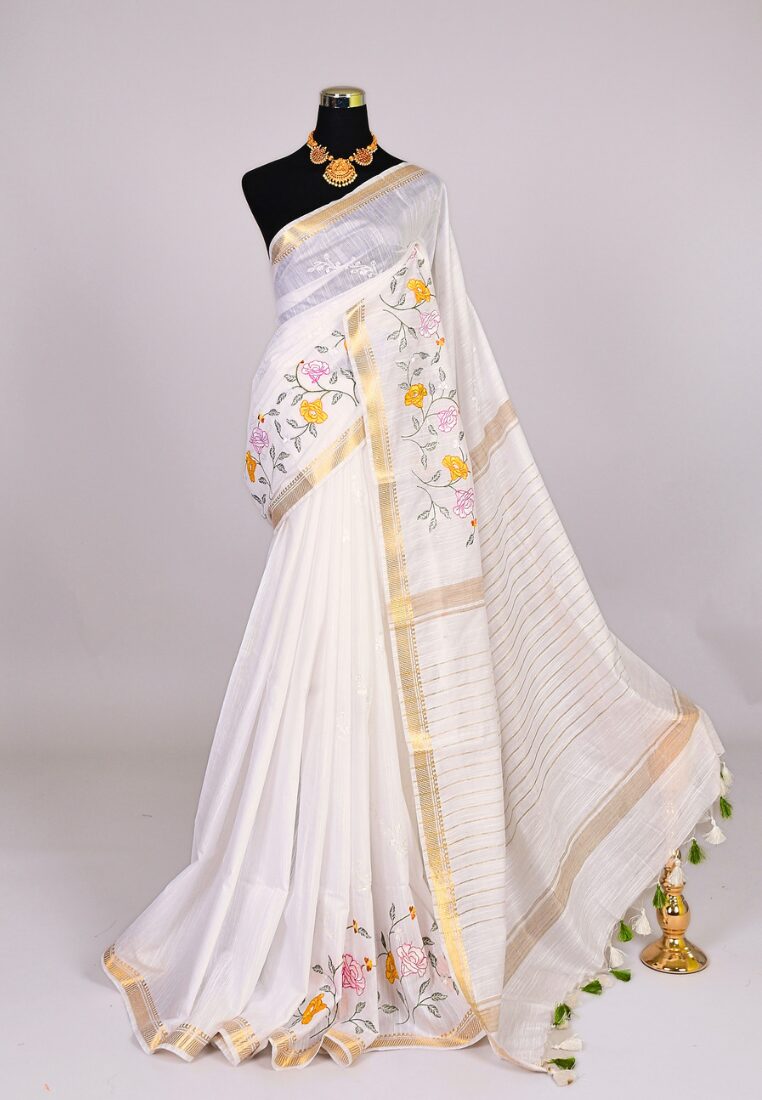 White Kota-Silk Embroidery Small Border Bengal Saree – Yeshan Sarees
