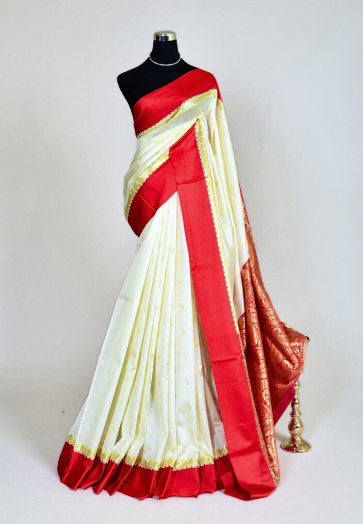 White-Red Synthetic-Silk Garad Bengal Saree – Yeshan Sarees
