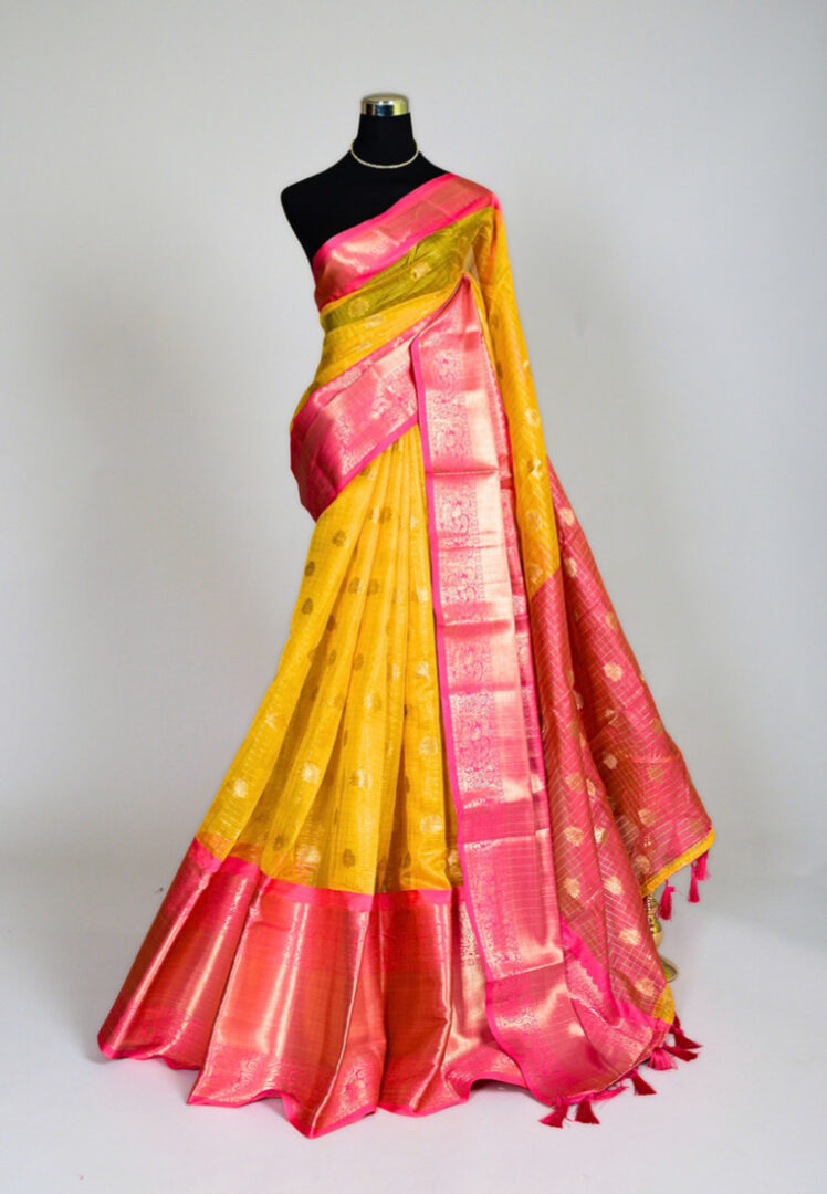 Yellow-Pink Cotton Silk Checkered Zari Wide Border North Saree – Yeshan ...