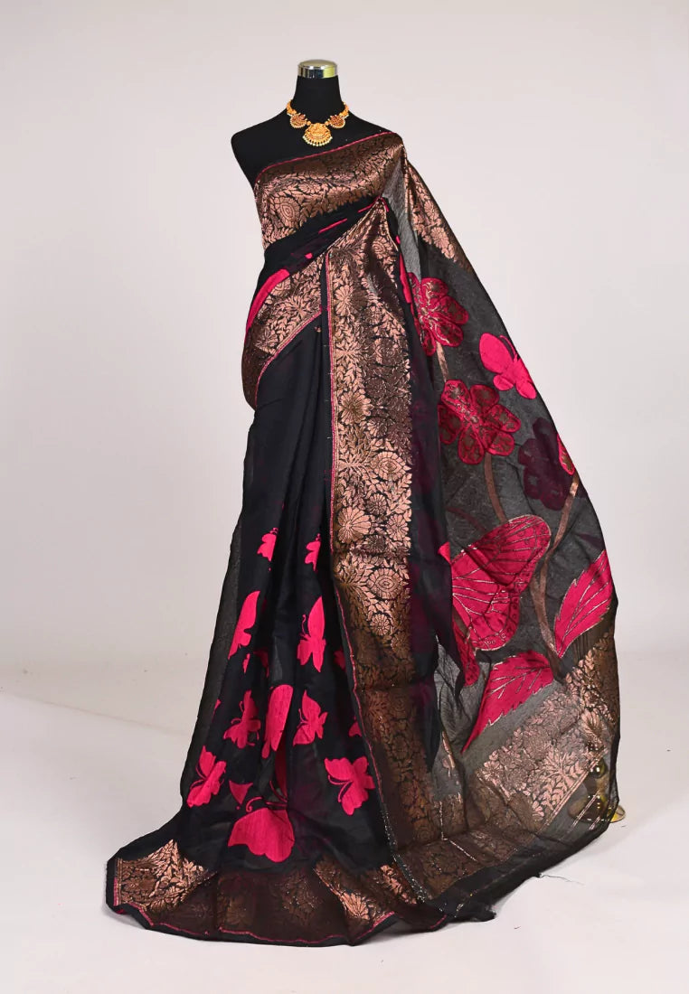 Black Pink Cotton Blend Butterfly Woven Copper Zari Jamdani Bengal Sar ...