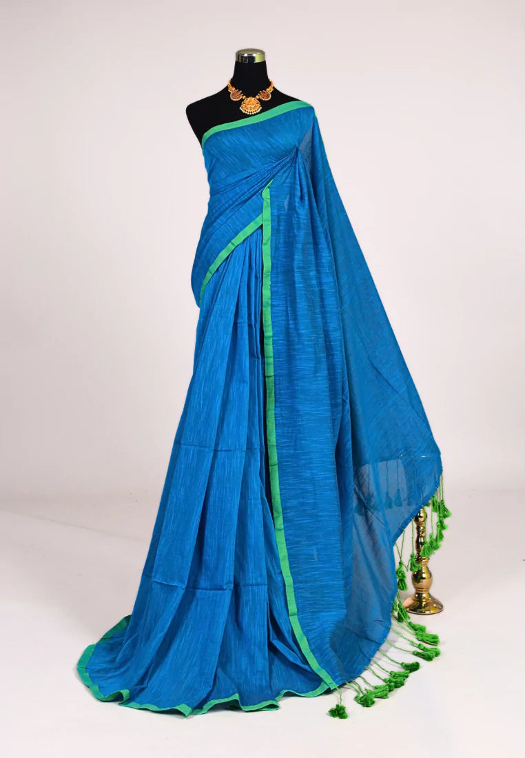 Blue Green Handspun Plain Cotton Small Border Bengal Saree – Yeshan Sarees