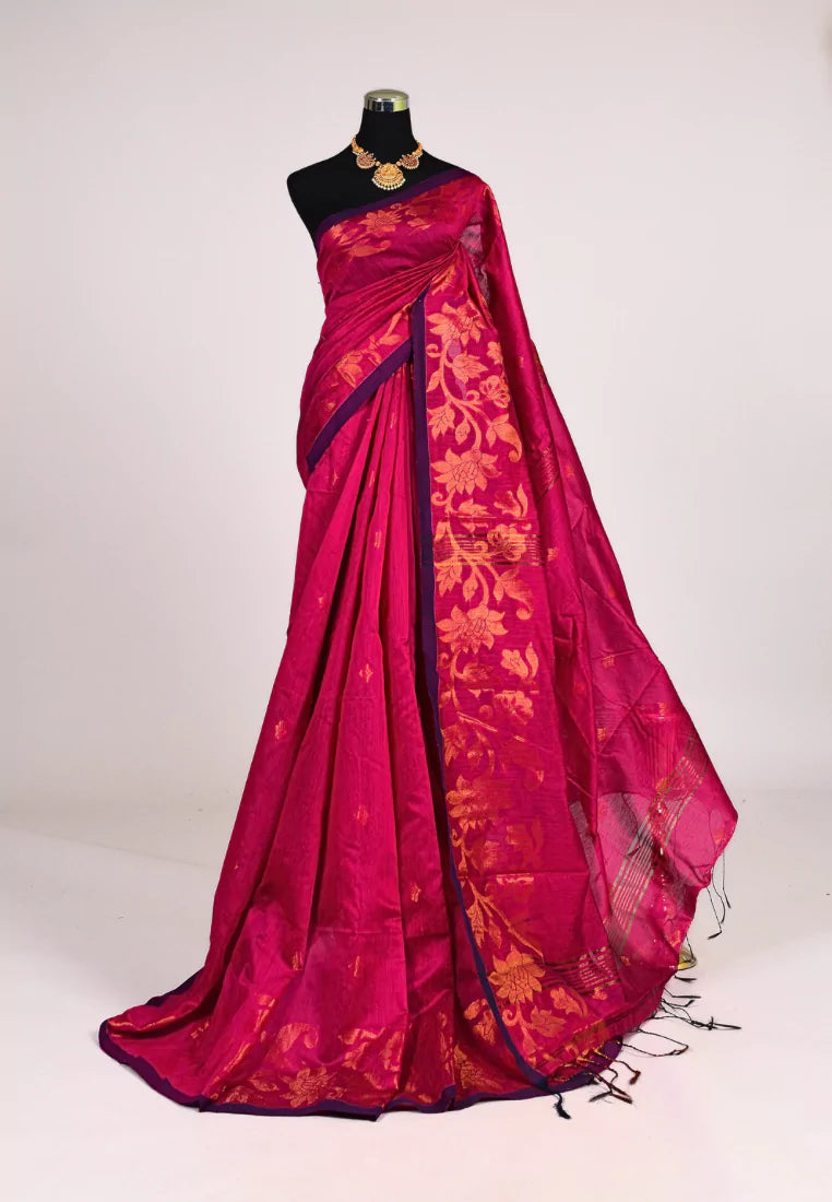 Magenta Gold Silk Cotton Floral Border Butti Body Bengal Saree – Yeshan ...