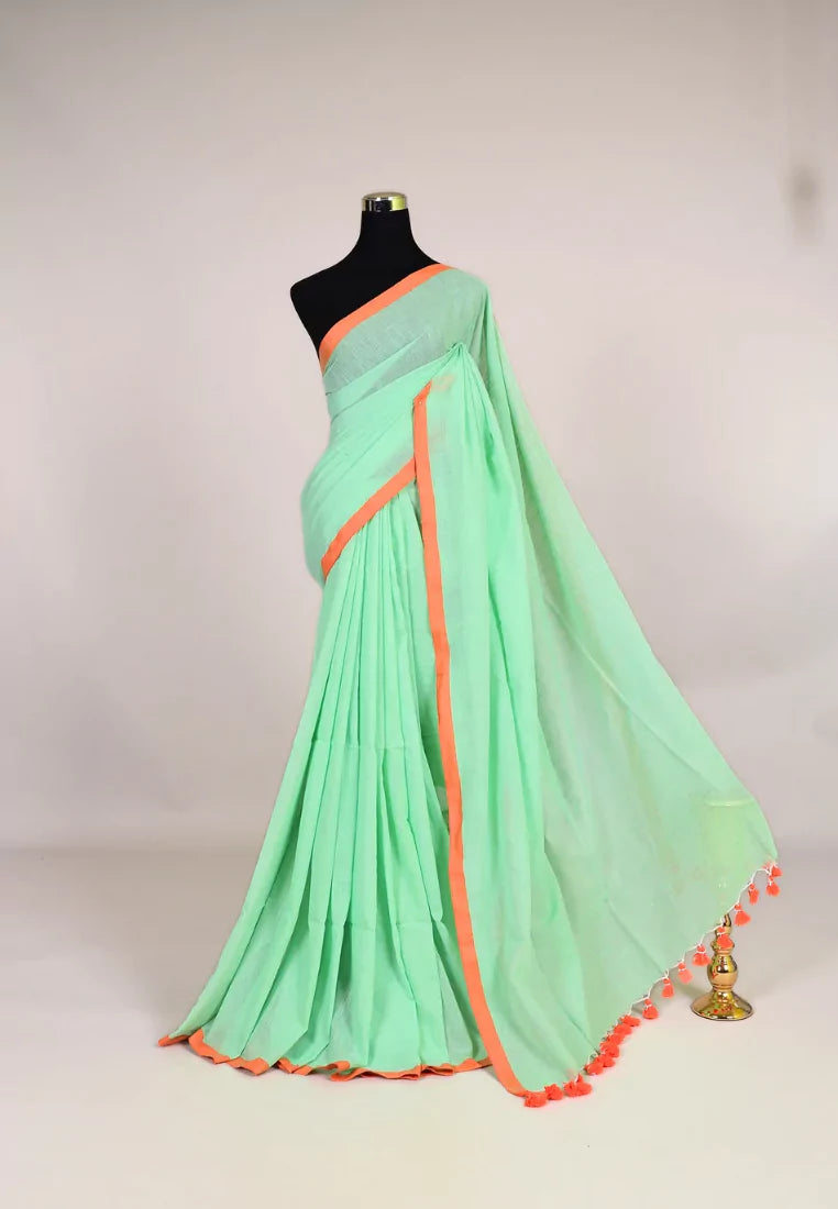 Mint Orange Handspun Pure Cotton Plain Body Bengal Saree – Yeshan Sarees