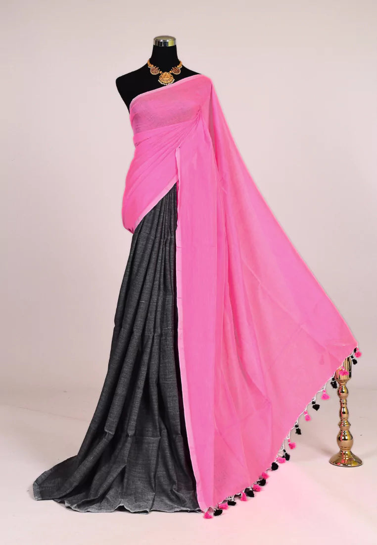 Pink Grey Handspun Pure Cotton Plain Body Bengal Saree – Yeshan Sarees