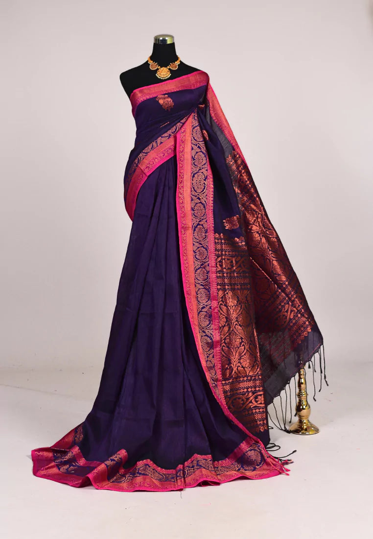 Purple Pink Handloom Linen Copper Zari Grand Border Bengal Saree ...